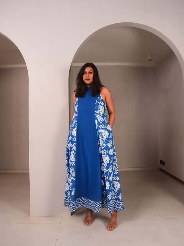 Blue Floral Printed Cotton Halter Tie-up Dress for Women | WhySoBlue
