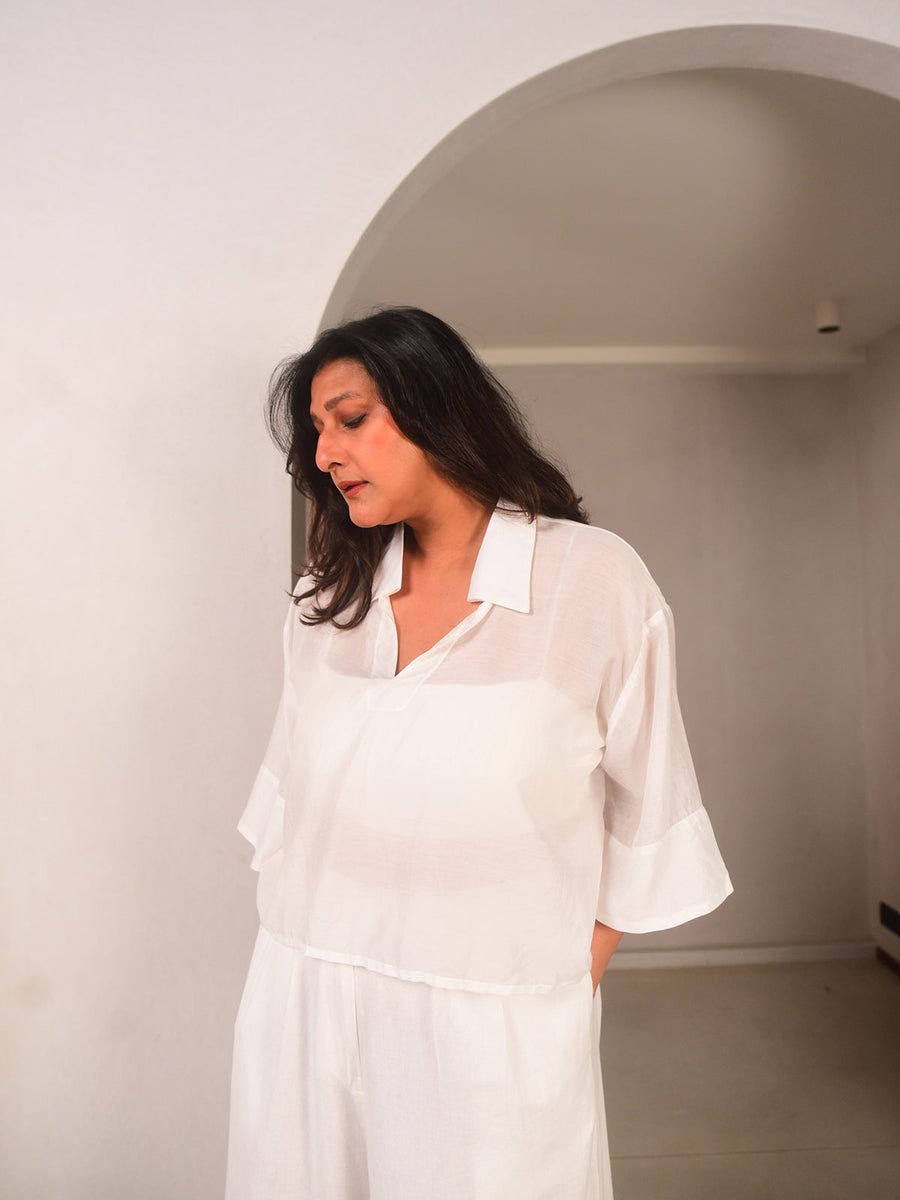 White Sheer Modal Top & Pants Co-ord Set for Women | WhySoBlue